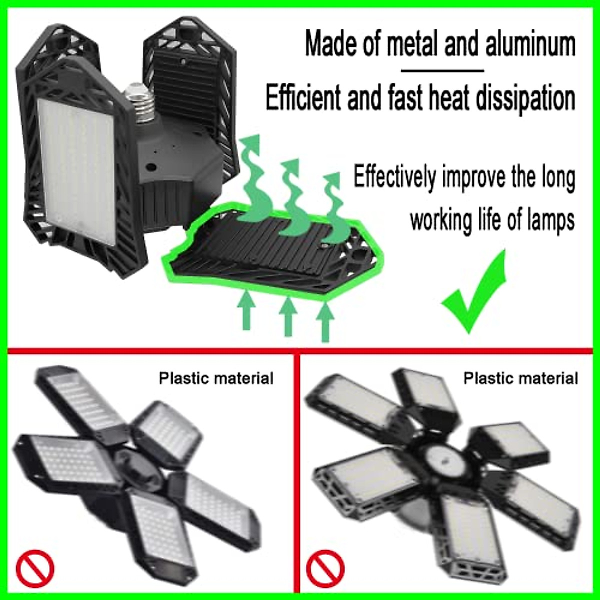 KAQ Led Garage Light 200W 20000LM Deformable, 6500K Garage Ceiling Lights with 4 Panels for E26 E27 Lampholder, Super Bright Garage Lighting Shop Work Lights, Metal Aluminum Alloy Shell Easy to Heat