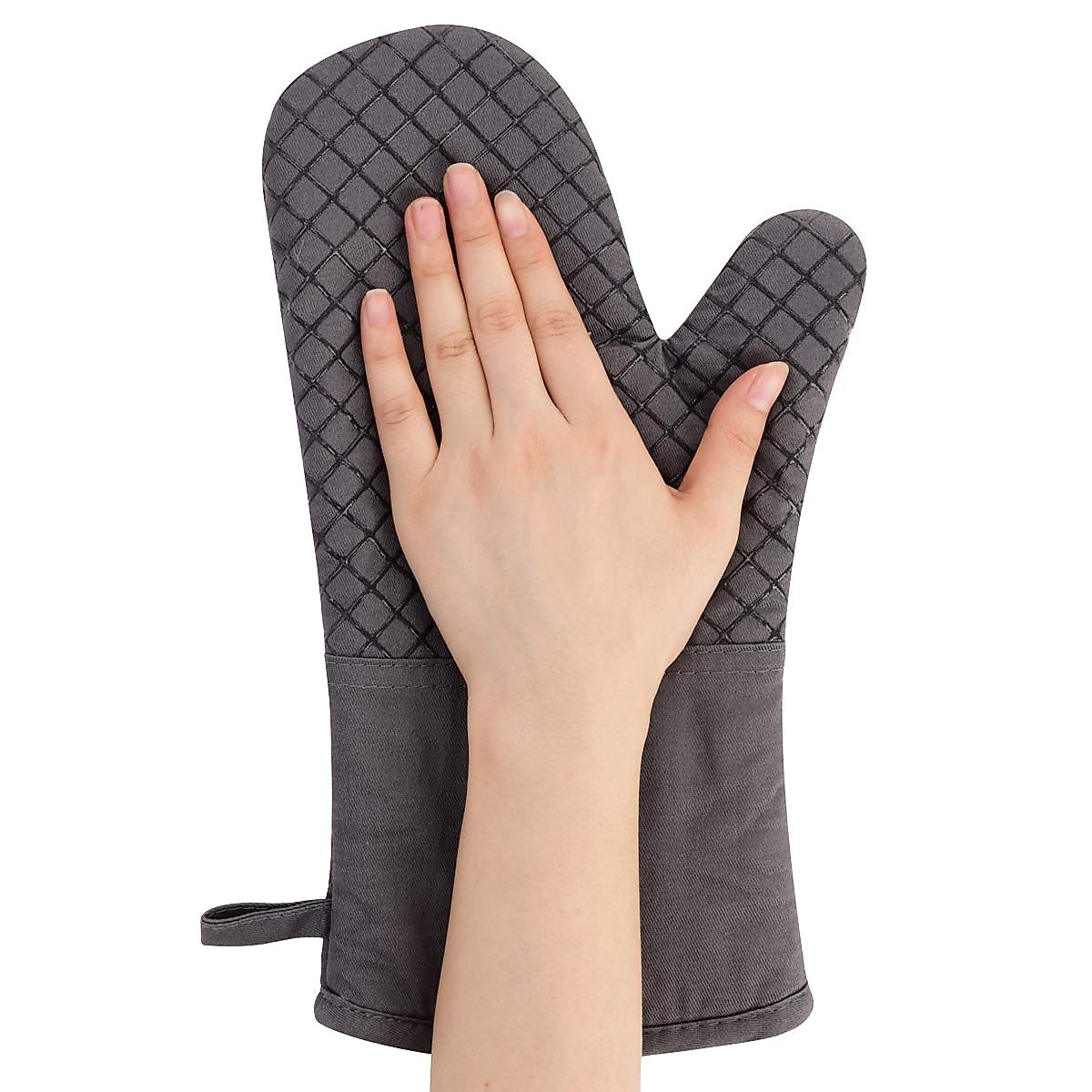 PROCIRCLE Oven Mitts and Pot Holders Set of 2 Kitchen Oven Mitts 500℉Heat Resistant Silicone Cotton Oven Mitts Non-Slip Surface for Cooking Baking BBQ with 4Pcs Free Pothook (Grey)