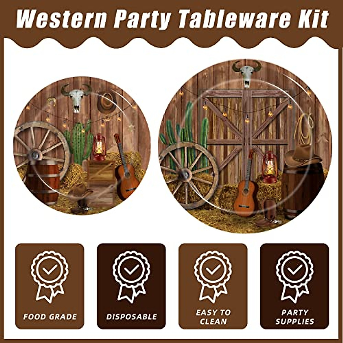 Kepeel 96 Pcs Western Party Plates, Western Cowboy Birthday Party Decorations Supplies Rustic Wild West Birthday Party Paper Plates Napkins Wooden House Barn Door Baby Shower Tableware, Serves 24