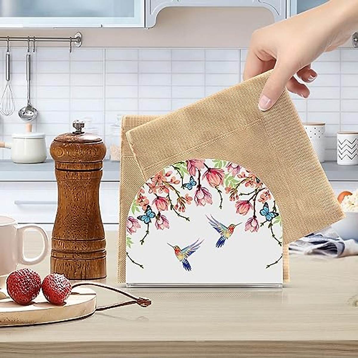 Napkin Holder, Clear Acrylic Paper Napkin Holders Tropical Flowers Butterfly Hummingbird Tissue Box Dispenser Stand Tabletop Space Saver Upright Napkin Towel Holders for Kitchen Restaurant Home Decor