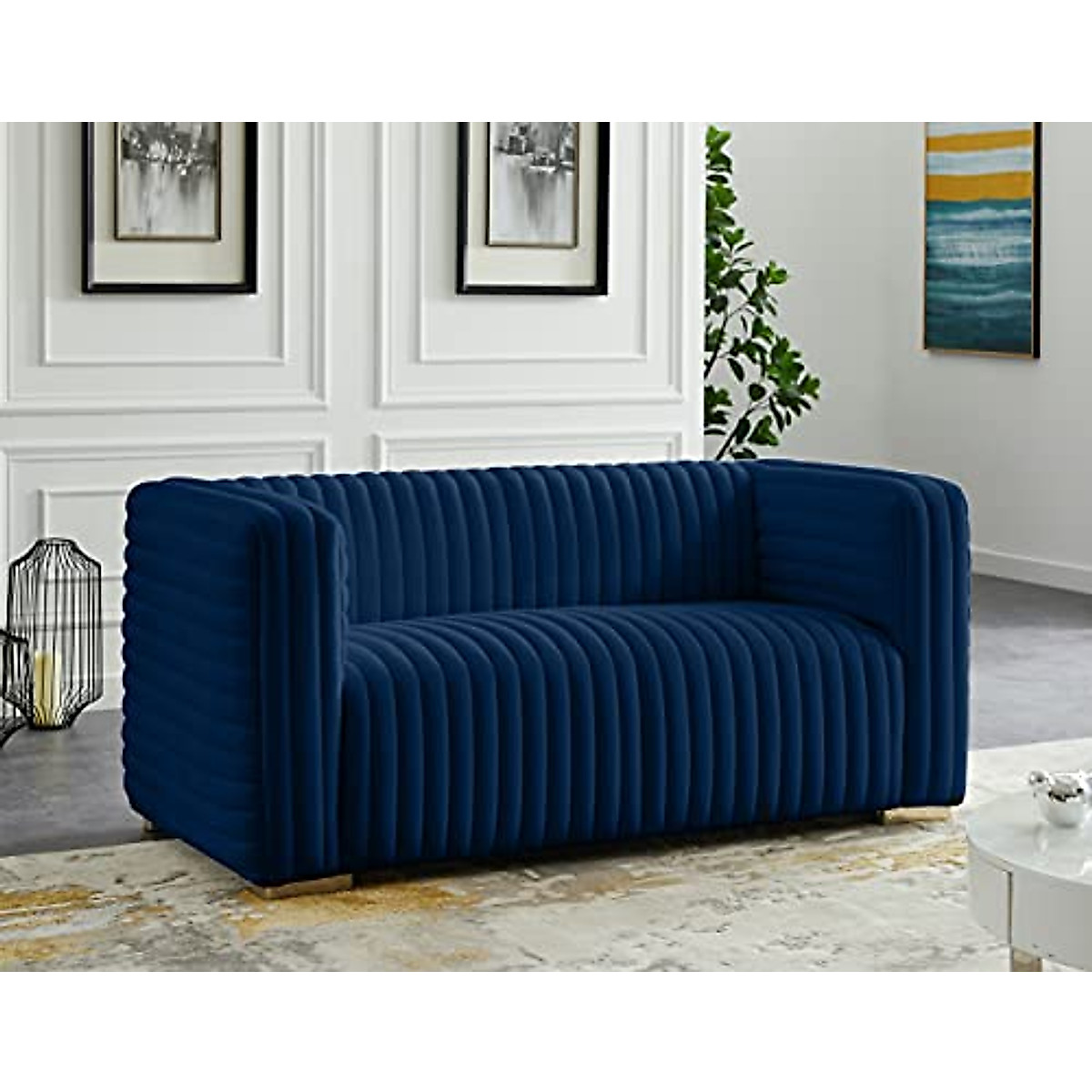 Meridian Furniture 640Navy-L Ravish Collection Modern | Contemporary Velvet Upholstered Loveseat with Deep Channel Tufting + Both Gold & Chrome Legs Included