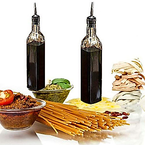 DLD Italian Glass Oil And Vinegar Cruet 16 Oz, Olive Oil Dispenser With Stainless Steel Spout, Slight Green Tint (SET OF 2, 16 oz)