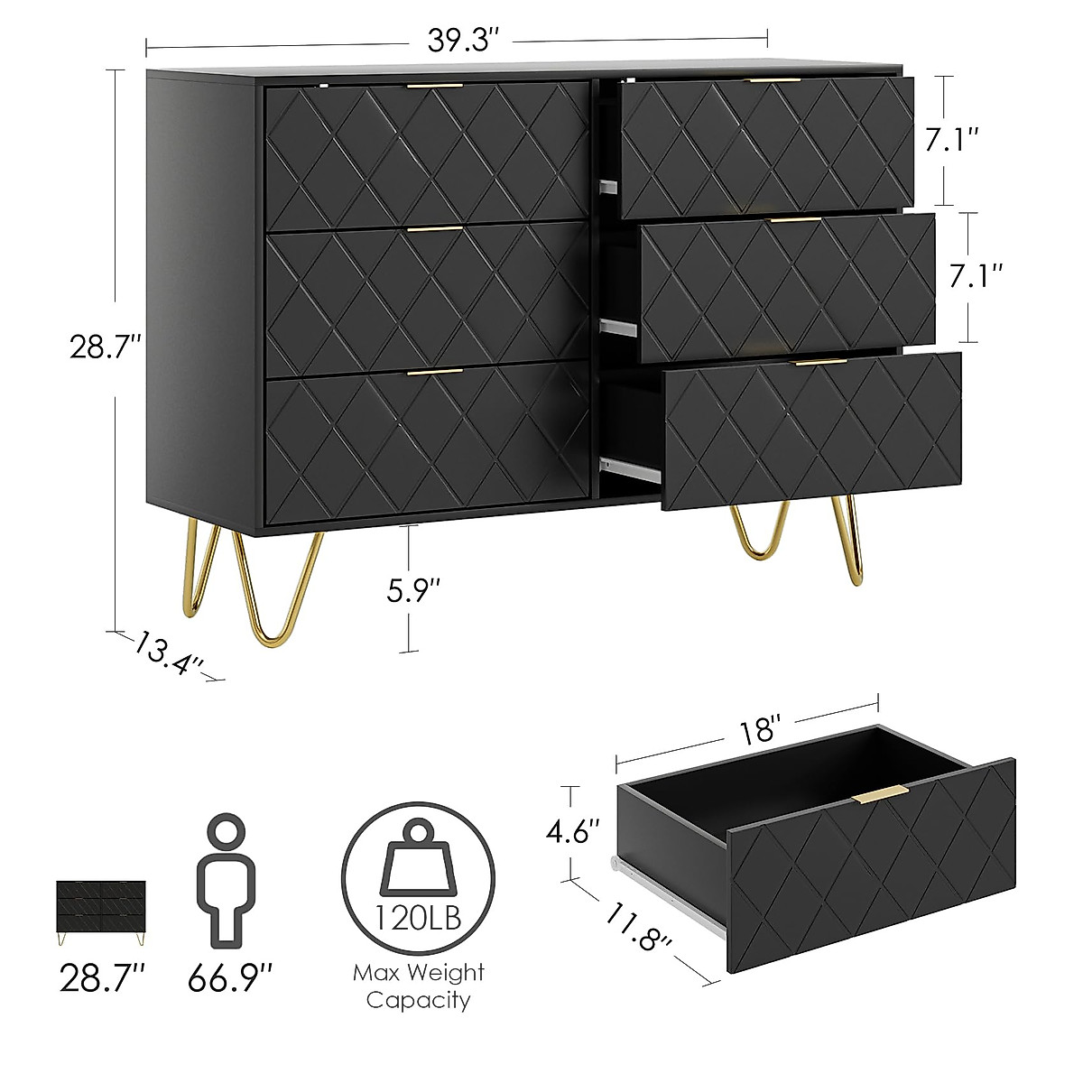 Aobafuir 6 Drawer Dresser, Drawer Chest, Tall Storage Dresser Chest Cabinet Organizer Unit with Metal Legs, Big Dresser for Bedroom, Living Room, Closet, Hallway Black Diamond