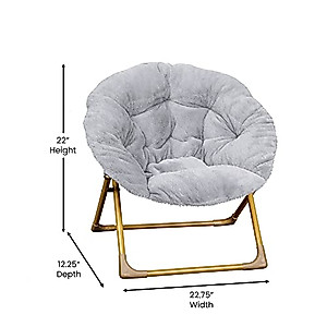 Flash Furniture Gwen Oversize Folding Saucer Chair - Gray Faux Fur Moon Chair - Soft Gold Metal Frame - 23" Portable Folding Chair - For Dorm and Bedroom