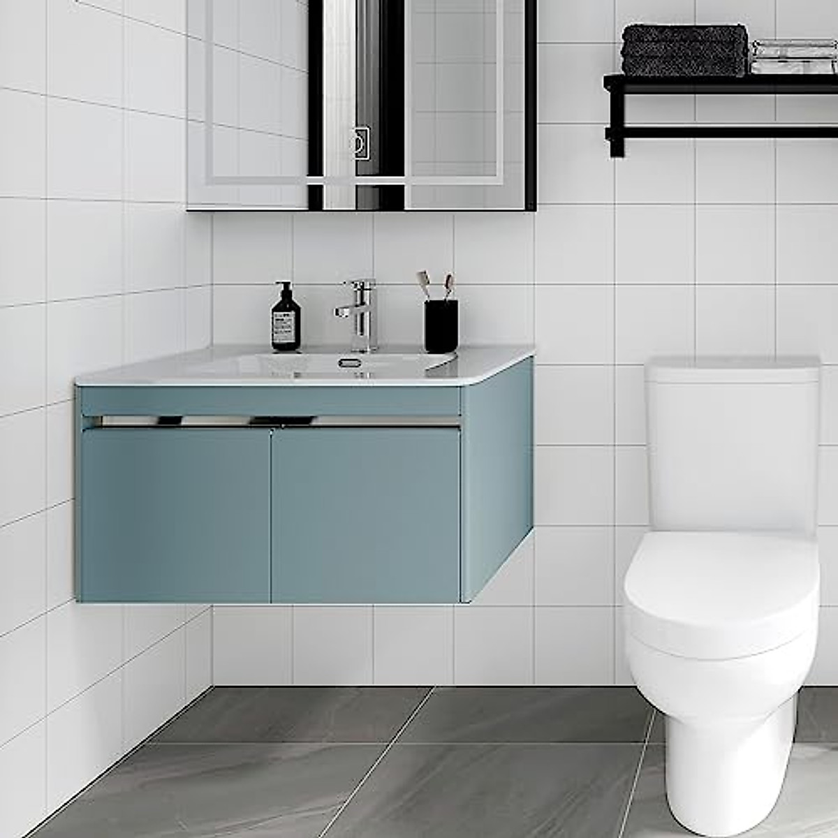 Ceramic Bathroom Vanity, Stainless Steel Bathroom Vanities, Waterproof Vanity, for Bathroom, Garage, and Garden (31.7" W, Includes Cold and Hot Faucet, Set of Accessories)