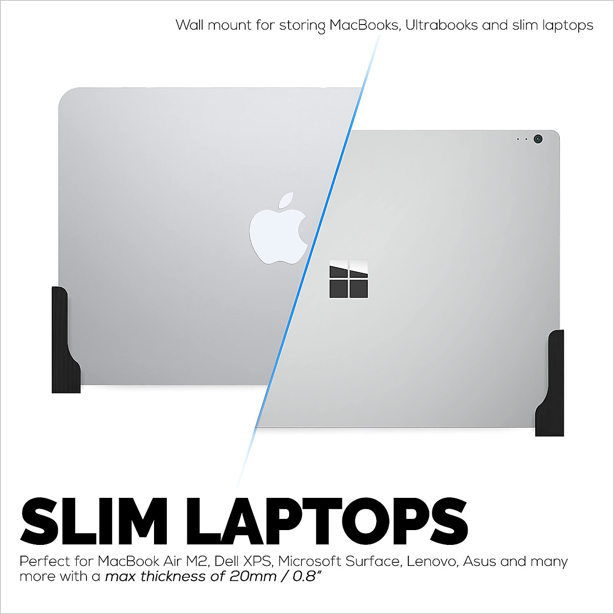 BRAINWAVZ Adhesive Laptop & Tablet Wall Mount Holder for MacBook, Surface, Notebooks, iPad, Galaxy Tab Note, eBooks, Kindle & More, Stick On Or Screw-in (Black)