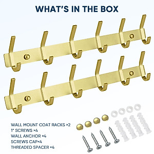 TICONN Wall Mounted Coat Rack - 6 Heavy Duty Dual Hooks All Metal Contemporary Coat Hanger for Jacket Coat Hat for Mudroom Entryway Bathroom (Gold, 2PK)