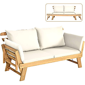 Tangkula Acacia Wood Patio Convertible Couch Sofa Bed with Adjustable Armrest, Outdoor Daybed with Cushion & Pillow, Folding Chaise Lounge Bench Ideal for Porch Courtyard Poolside (White)