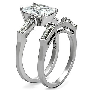 Marimor Jewelry 4.45 Carat Emerald Cut Zirconia Stainless Steel Engagement Wedding Ring Set Size 5