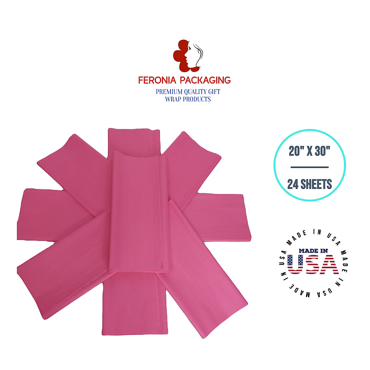 Hot Pink Tissue Paper Squares, Bulk 24 Sheets, Premium Gift Wrap and Art Supplies for Birthdays, Holidays, or Presents by Feronia packaging, Large 20 Inch x 30 Inch