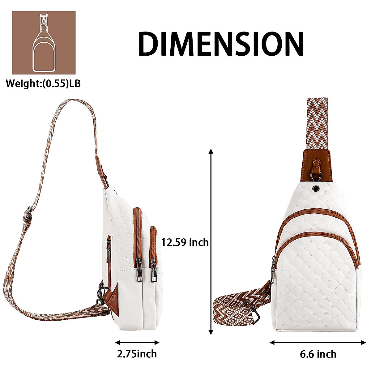 EMBRUNIOICE Sling Bag for Women Crossbody Purse, Vegan leather Crossbody Fanny Pack with Guitar Strap, Quilted Trendy Chest Bag for Women Travel(Cream with Brown)