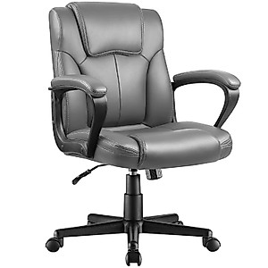 Shahoo Executive Office Chair Mid Back Swivel Computer Task, Ergonomic Leather-Padded Desk Seats with Lumbar Support,Armrests, Grey