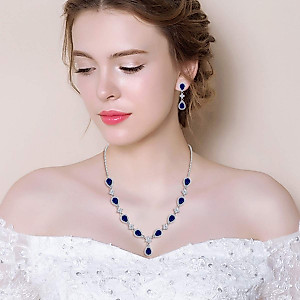 EleQueen Women's Silver-Tone Cubic Zirconia Teardrop Flower Bridal V-Necklace Sets Tennis Bracelet Dangle Earrings Sapphire Color