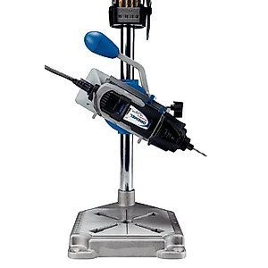 Dremel Drill Press Rotary Tool Workstation Stand with Wrench- 220-01- Mini Portable Press- Holder- 2 Inch Depth- Ideal for Drilling Perpendicular and Angled Holes- Table Top , Silver
