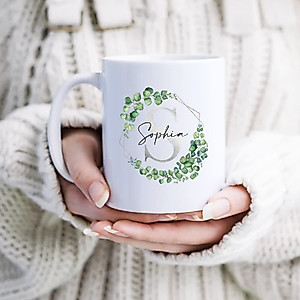 Customized Initial Name Monogram Floral Coffee Mug 11 15 oz, Custom Name Coffee Mug w Letter Alphabet Initial Name Gift For Women Mom Wife Bestie, Personalized Letter Alphabet Initial Leaf Mug Gift