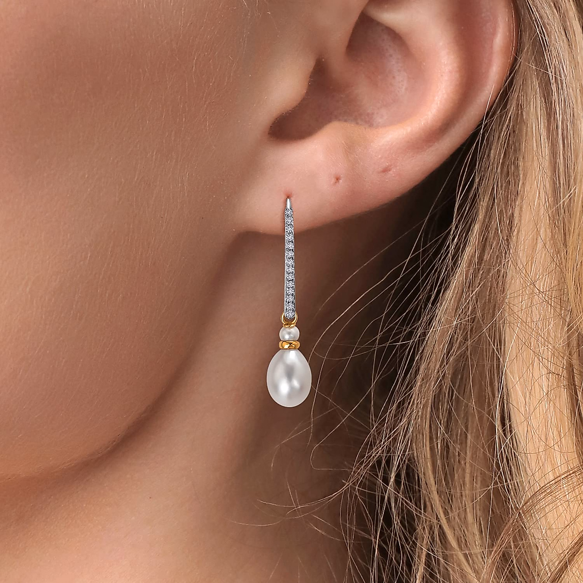 Gem Stone King 925 Sterling Silver and 10K Yellow Gold 9X7MM Cultured Freshwater Pearl and White Lab Grown Diamond Dangling Earrings with Leverback For Women