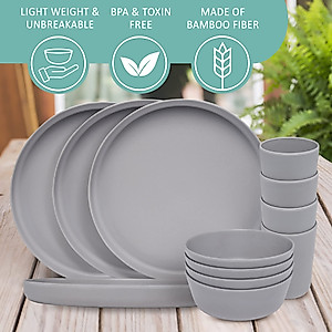 Stephan Roberts Bamboo Dinnerware Set, Eco-Friendly Bamboo Fiber Dinnerware, Dishes Set for 4, Includes Plates, Bowls & Cups, Reusable Unbreakable Dishware Set, Gray, 12PC Dinner Set
