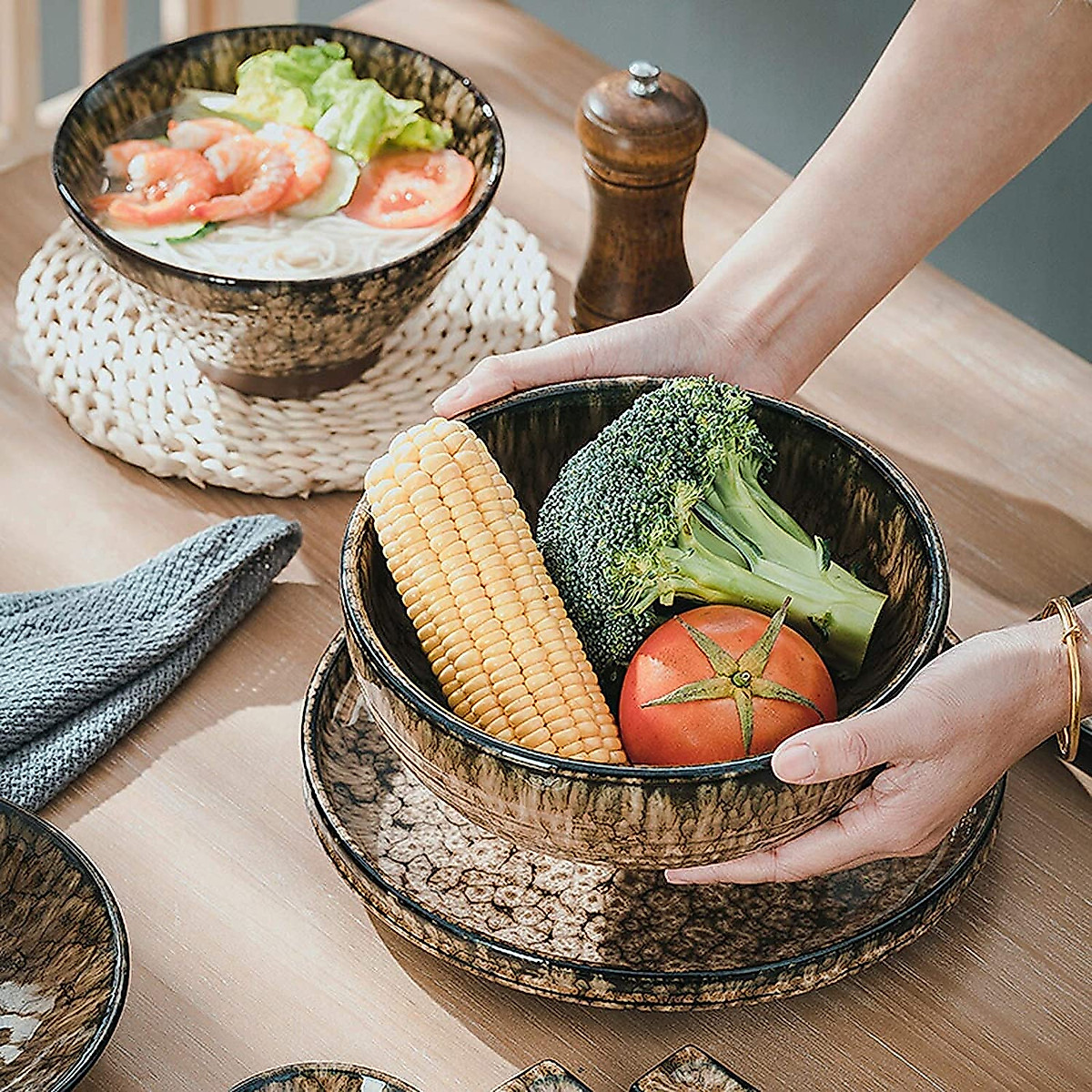 Porcelain Plate and Bowl Set,Dinnerware Set for Home or Special Restaurant, Ceramics Dinner Sets, 66 Pieces Leopard Glaze Porcelain Dinnerware Set | Japanese-Style Steak Plate Cereal Bowl and Soup Bo