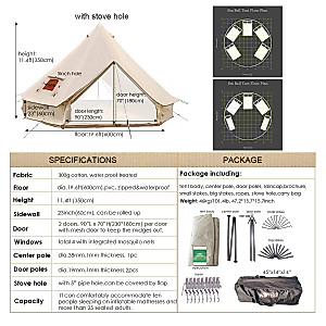 UNSTRENGH Large Beige Luxury 4-Season Camping Cotton Canvas Bell Tent Double Doors Camping Hunting Tent with Stove Jack Hole, Cable Hole