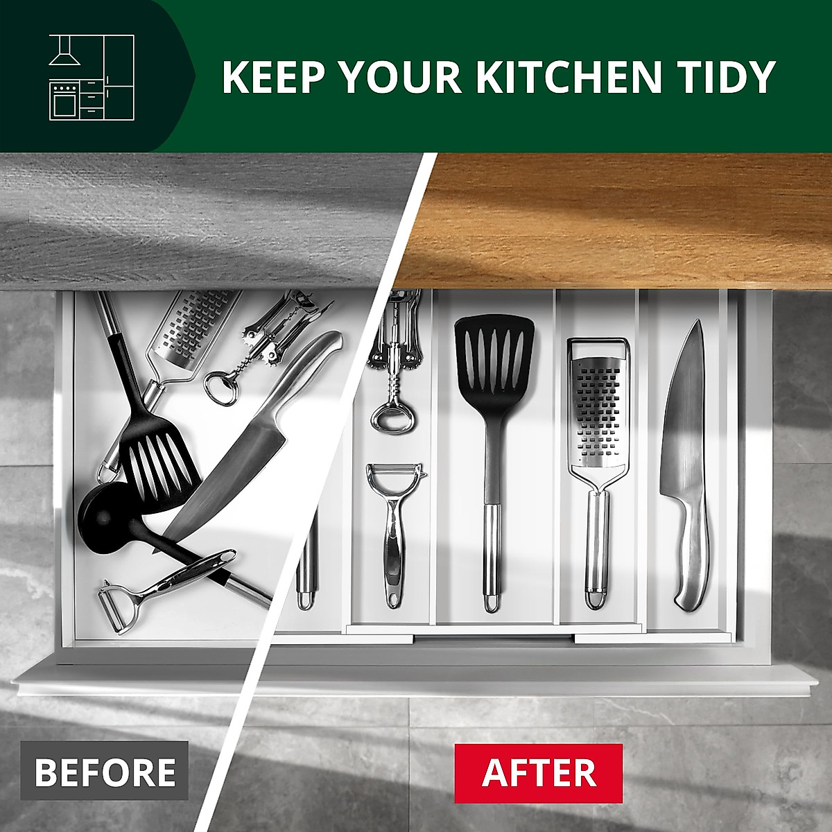 ROYAL CRAFT WOOD Luxury Bamboo Kitchen Drawer Organizer - Silverware Organizer - Utensil Holder and Cutlery Tray with Grooved Drawer Dividers for Flatware and Kitchen Utensils (5 Slot, White)