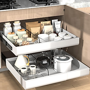 Expandable Pull Out Cabinet Organizer with Adhesive Nano Film, Fits Any Framed Cabinet, Side-Mountable Slide Out Drawers for Kitchen, Pantry, and Bathroom Storage and Organization