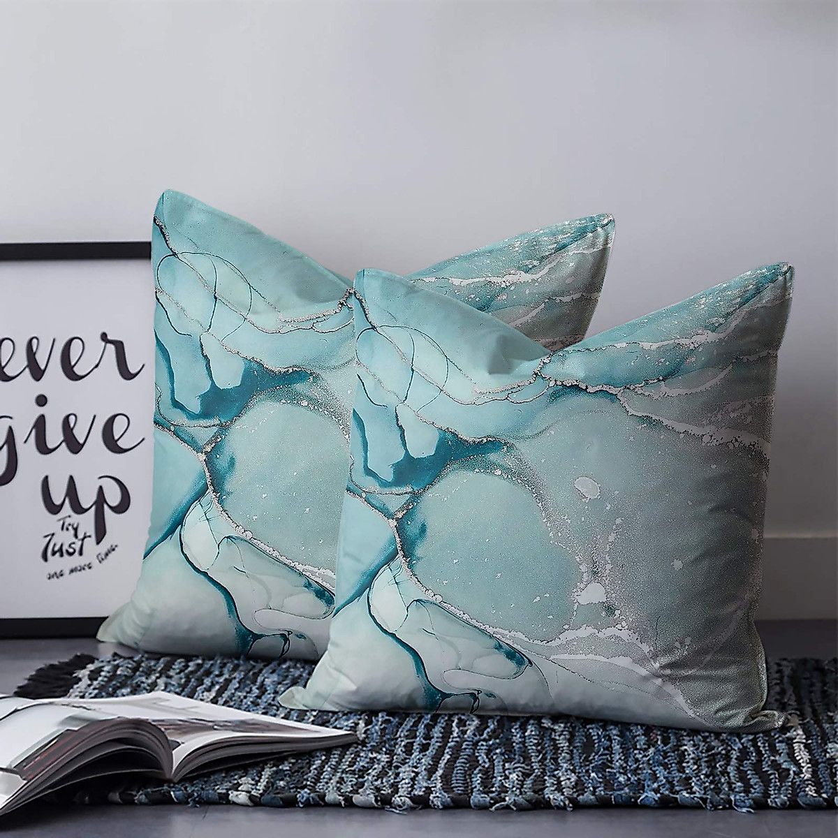 Roses Garden Decorative Throw Pillow Cover Blue Aqua Turquoise Teal Marble Textured Pillow Case Square Cushion Cover Super Soft Brushed Fabric Pillowcase for Home Couch Sofa Bed, 16" x 16"