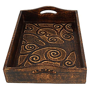 Ajuny Indian Handcrafted Rectangular Mango Wooden Decorative Serving Tray Platters with Handle Hand Carved Tree of Life Design