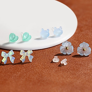 Plastic Earrings, KMEOSCH 4 Pairs Plastic Earrings for Sensitive Ears Surgery, Cute Heart Flower Bear Plastic Posts Stud Earrings Retainers Blue