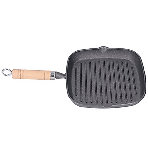 Cast Iron Grill Pan,Grill Pan,Multipurpose Prevents Stick Quadrate Cast Iron Steak Pan with Easy Grease Drain Spout with Wooden Handle for Bacon Steak Onion