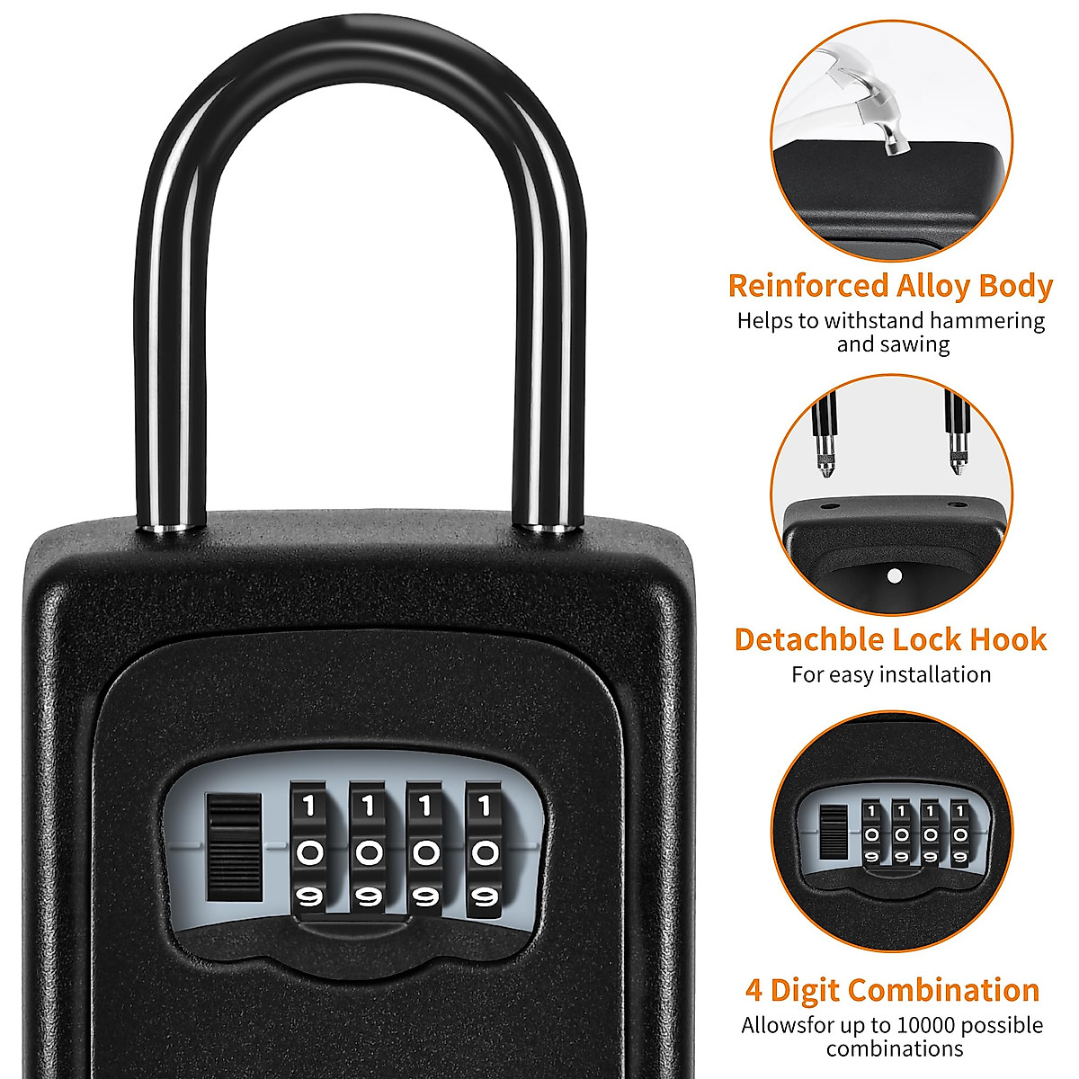 Portable Key Lock Box, Upgrade Clearly Visible Numbers, Lock Box Wall Mounted for House Key, 5 Key Capacity, Weatherproof Resettable Code (1 Pack, Black)