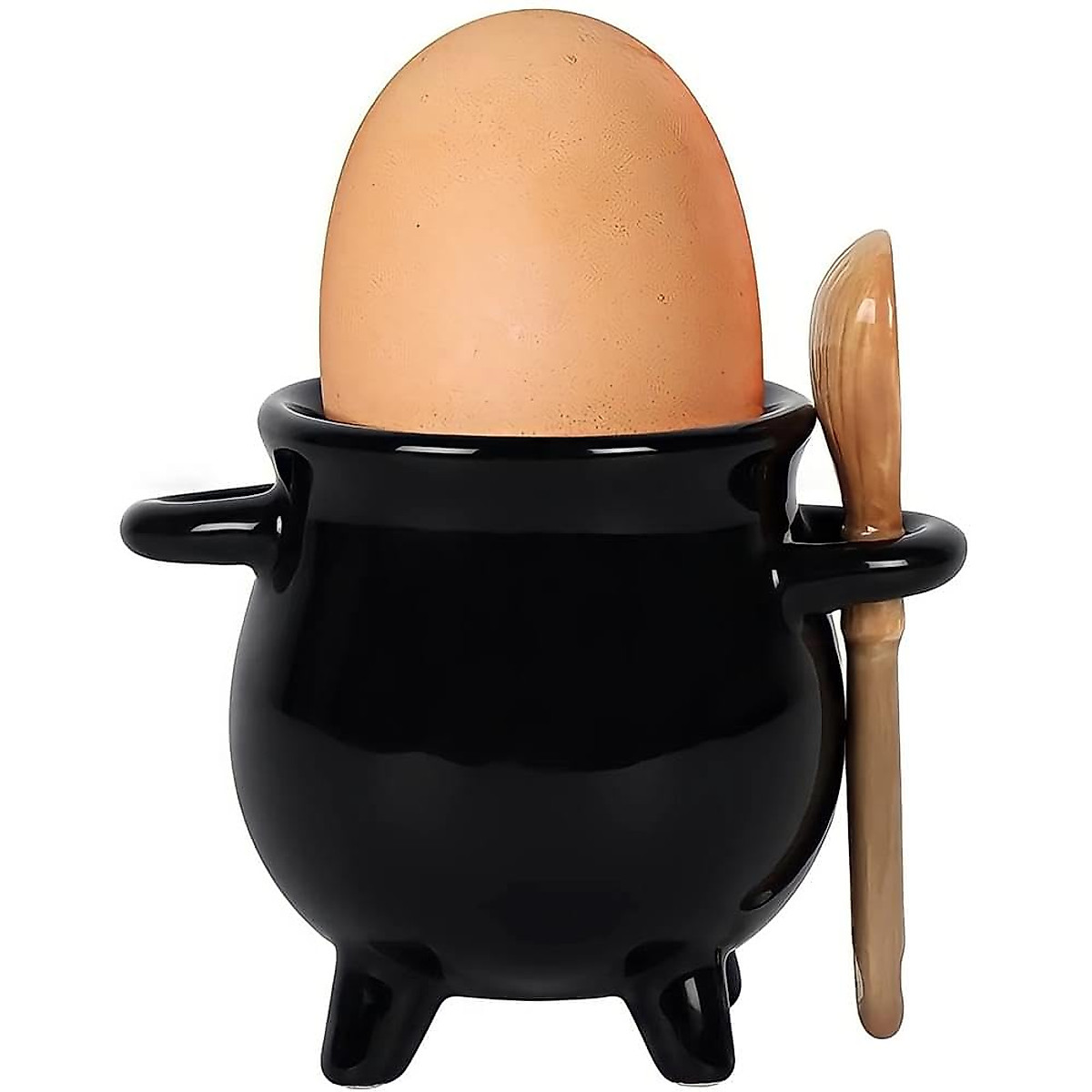 Something Different Adorable Black Cauldron Egg Cup with Broom Spoon - 6.5cm x 9cm x 6.5cm (1 Pc.) - Witchy, Fun & Unique Design - Perfect Novelty Kitchen Accessory Gift