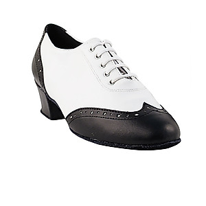 Very Fine Dance Shoes - Ladies Practice, Cuban Low Heel, Waltz Ballroom Dance Shoes - 2008-1.5-inch Heel and Foldable Brush Bundle - Black Leather - White Leather - 7