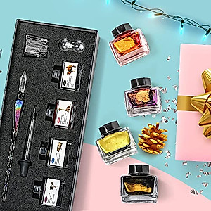 ESSSHOP Handmade Glass Dipped Pen and Ink Set - 15ml Color Inks, Pen Holder, Cleaning Cup, Ink Drip Tool, Crystal Signature Dip Pen for Art, Writing, Signatures, Calligraphy - Valentines Day Gifts Set
