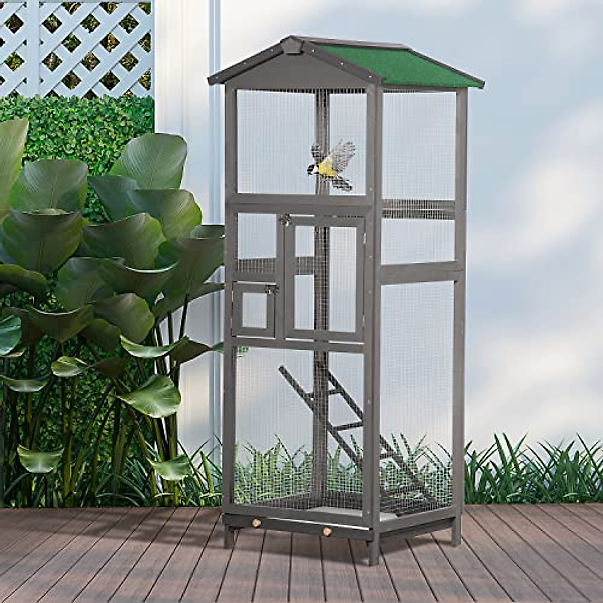 PawHut 65" Wooden Bird Cage Outdoor Aviary House for Parrot, Parakeet, with Pull Out Tray and 2 Doors, Grey