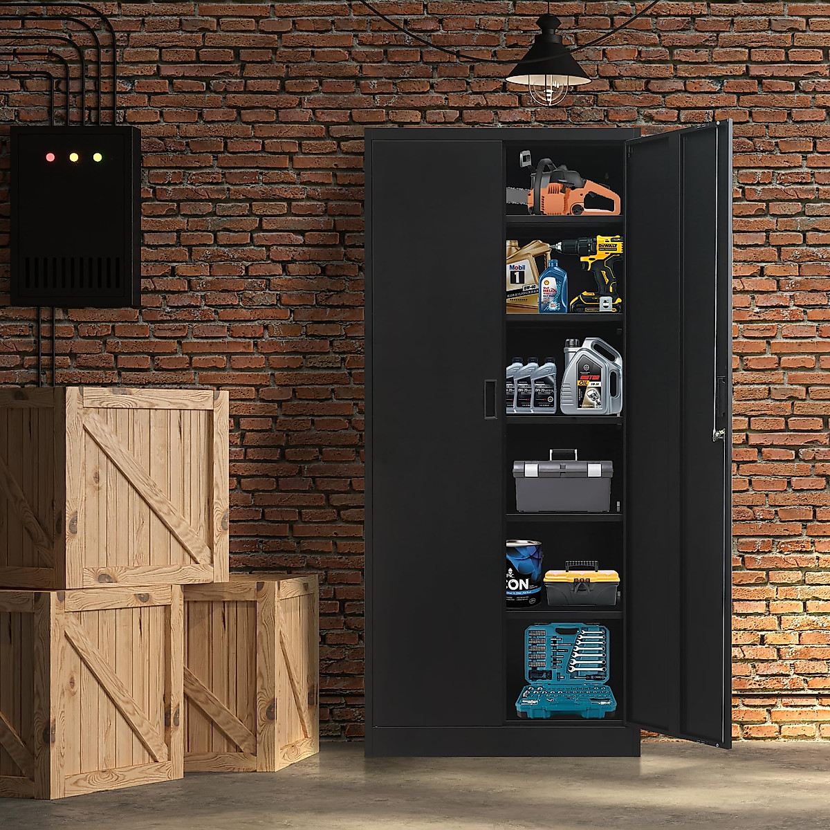 BESFUR Metal Storage Cabinet with 2 Doors and 4 Shelves, Lockable Steel Storage Cabinet for Office, Garage, Warehouse