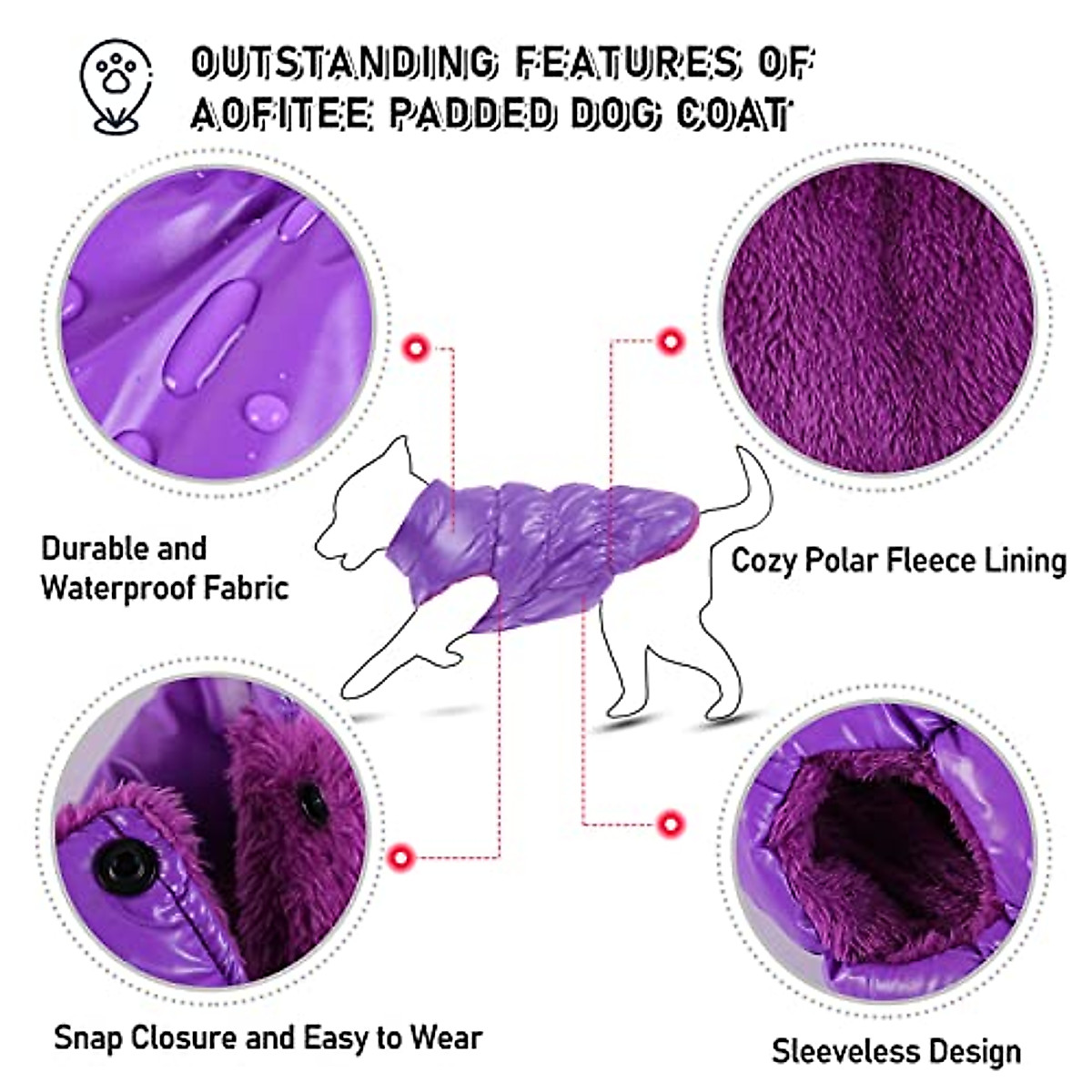 AOFITEE Dog Coat, Waterproof Dog Jacket, Winter Dog Coats for Small Dogs, Fleece Dog Snowsuit Warm Dog Puffer Jacket, Cozy Pet Winter Vest, Dog Cold Weather Coats for Small Medium Dogs, Purple, XL