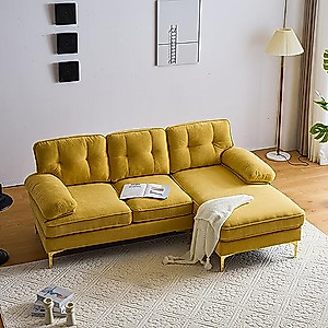 Eafurn Button Tufted Velvet Sectional, L-Shape Corner Extra Wide Chaise Lounge and Arm-Pillows, Right Hand Facing Comfy Sofa & Couches for Living Room,Up to 3 Seating Capacity, Yellow 83"