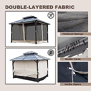 MONDAWE 10x12Ft Hardtop Gazebo Double Roof Permanent Gazebo Steel Frame Canopy Outdoor Pavilion Heavy Duty for Patio Lawn Garden with Curtains and Netting,Black