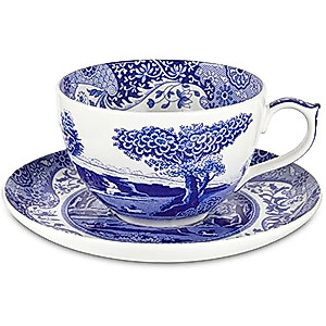 Blue Italian Teacups and Saucers | 7 Oz Cups for Coffee, Tea, and Hot Cocoa | Fine Earthenware | Microwave and Dishwasher Safe | Made in England
