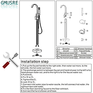 Gmusre Brushed Gold Floor Mounted Waterfall Tub Filler Freestanding Bathtub Faucet Brass Bathroom Single Handle with Shower Hand Spray and 360 Degree Swivel Spout