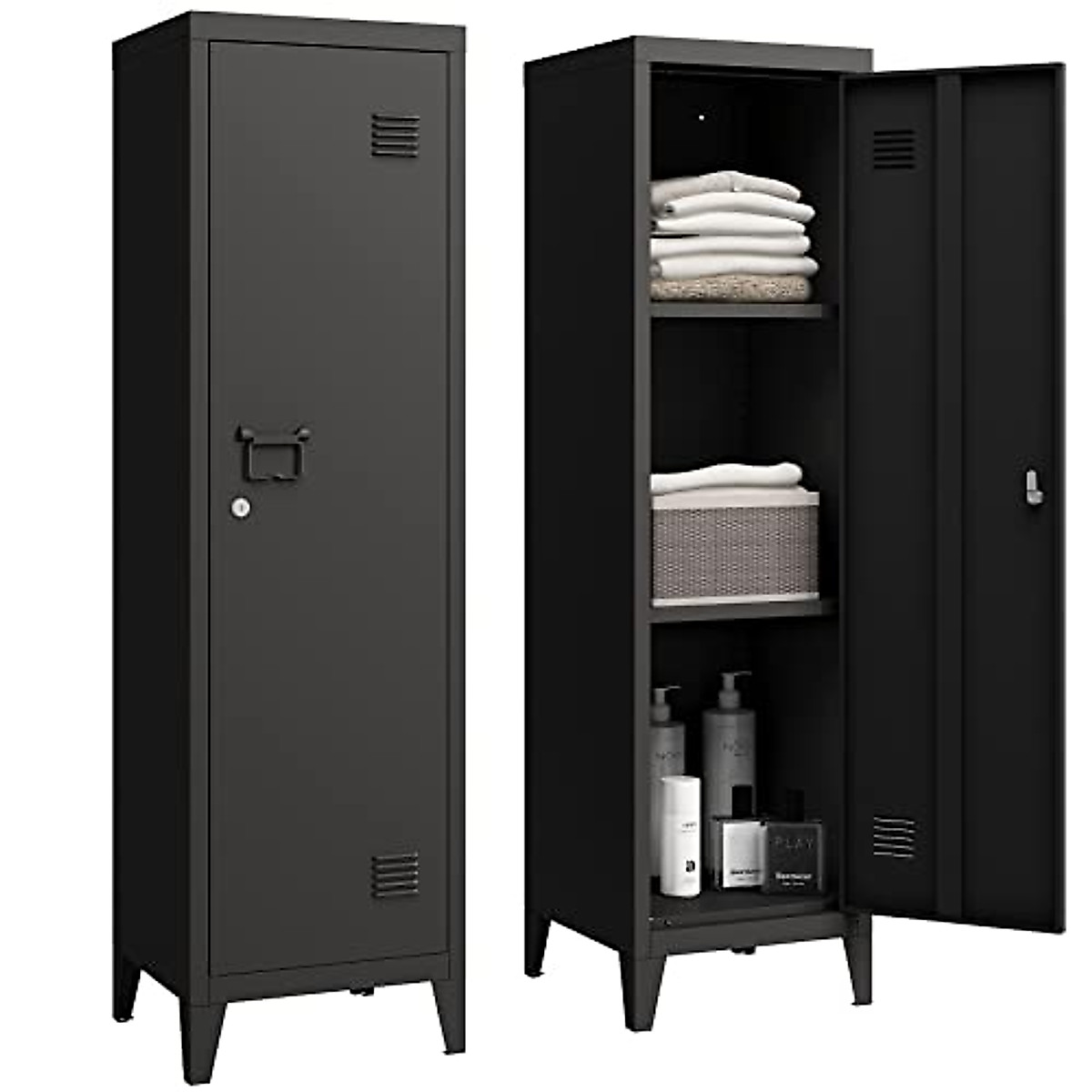 STEEHOOM Metal Locker Office Home Storage Cabinet with Doors and Shelves File Cabinet Organizer Coat Lockers for Kids Black