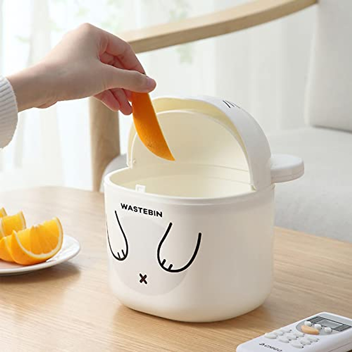 YISTOS Mini Countertop Trash Can with Lid, Desk Small Trash Can, Waste Garbage Bin, Room Decoration Big Ears Desktop Wastebasket for Countertop, Vanity, Office or Coffee Table - Brown