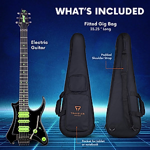 Traveler Guitar Vaibrant V88X Deluxe Electric Guitar for Travel | Small Guitar with Compact Headstock Shape | Full 25.5” Scale Travel Guitar | Portable Mini Guitar with Custom Gig Bag, Cosmic Black
