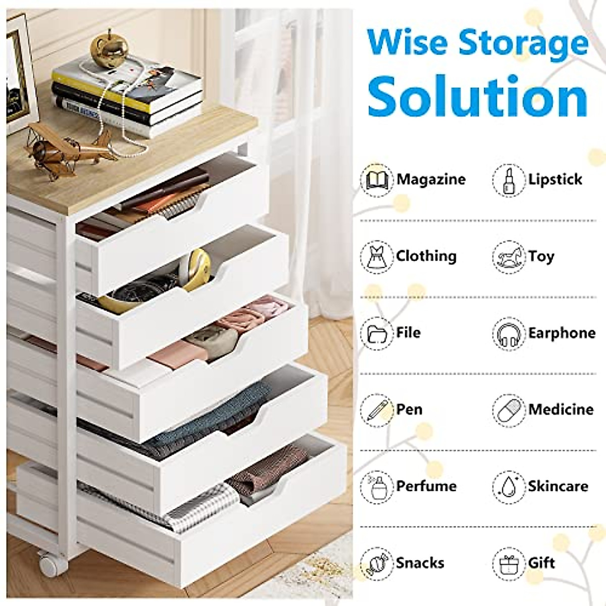 Tribesigns 5 Drawer Chest, Wood Storage Dresser Cabinet with Wheels, Industrial Storage Drawer Organizer Cart for Office Bedroom Entryway (White, 1 PC)