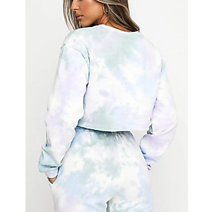 WephuPSho Women's 2 Piece Tracksuits Outfit Set Tie Dye Round Neck Long Sleeve Crop Top+ Trousers Casual Fall Clothes Sports Sweatsuit (Light green, S)
