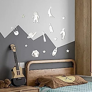 14Pcs Astronaut Space Rocket Mirror Wall Decal Stickers, Outer Space Planet Wall Decals, 3D Acrylic Space Bedroom Decor, Spaceman Spacecraft Vinyl Wall Art DIY for Boys Girls Room, Silver
