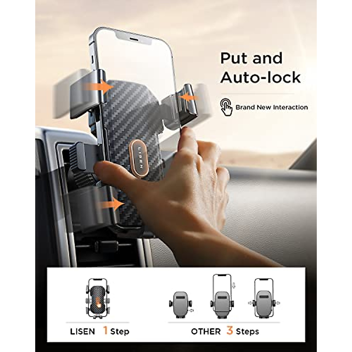 LISEN Car Phone Holder Air Vent Mount Stable 4 Clamp Arms Hands Free Vent Cell Phone Holder Mount for Car Easy Use Phone Holder Car Mount Air Vent with Auto Lock Metal Hook for iPhone All Phones