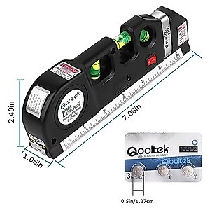 Laser Level, Qooltek Multipurpose Cross Line Laser 8 feet Measure Tape Ruler Adjusted Standard and Metric Rulers for hanging with Metal Tripod Stand(Black)