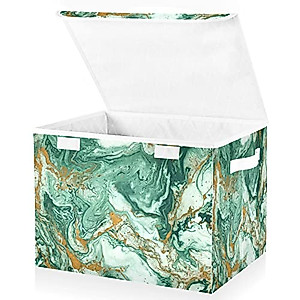 Kigai Marble Texture Storage Basket with Lid Collapsible Storage Bin Fabric Box Closet Organizer for Home Bedroom Office 1 Pack