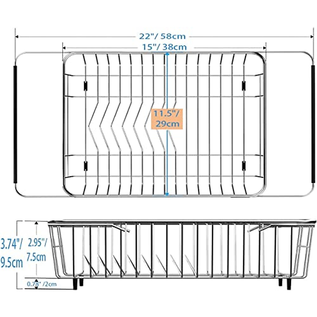 SANNO Dish Drying Rack with Stainless Steel Utensil Holder Sink Dish Rack Adjustable Dish Drainer with Removable Silverware Holder